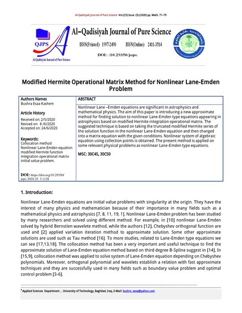 Pdf Modified Hermite Operational Matrix Method For Nonlinear Lane Emden Problem