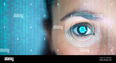 Woman Eye And Hologram For Biometric Coding Cybersecurity And Safety