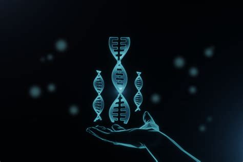 Dna를 들고 있는 홀로그램 손 검은 배경에 파란색 Dna 나선 유전자 또는 유전자 홀로그램 분자가 있는 생물학 개념 3d 그림