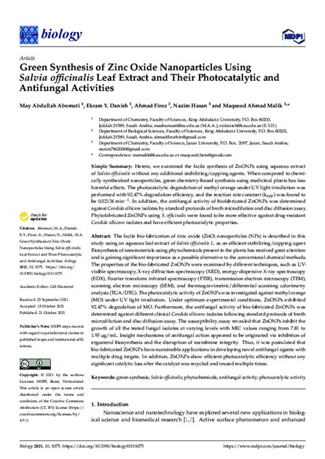 Pdf Green Synthesis Of Zinc Oxide Nanoparticles Using Salvia Officinalis Leaf Extract And