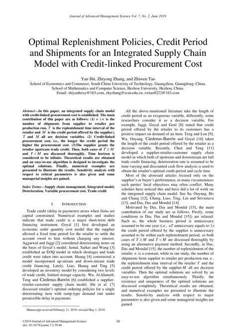 Pdf Optimal Replenishment Policies Credit Period And Shipments For An Integrated Supply Chain