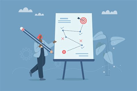 경쟁사 분석 및 마케팅 장애물 극복 성공 또는 목표를 향한 비즈니스 전략 계획 비즈니스 성공 화이트보드로 큰 연필 계획 전략을