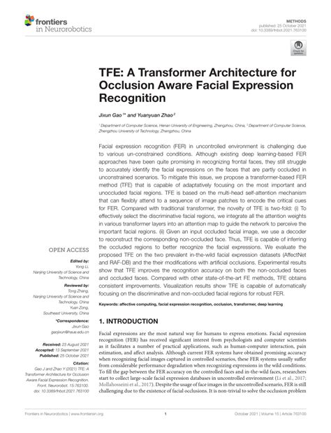 Pdf Tfe A Transformer Architecture For Occlusion Aware Facial Expression Recognition
