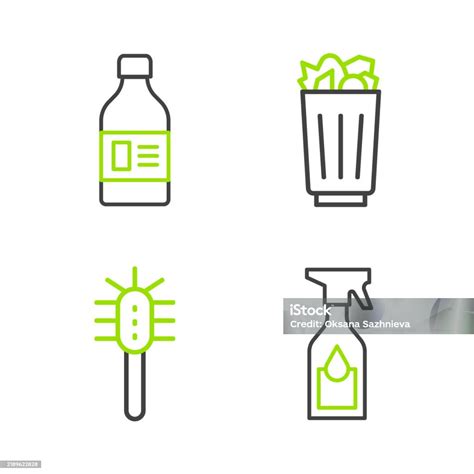 청소 스프레이 병 화장실 브러시 전체 쓰레기통 및 청소제 용 병 아이콘을 설정하십시오 벡터 가득 찬에 대한 스톡 벡터 아트 및