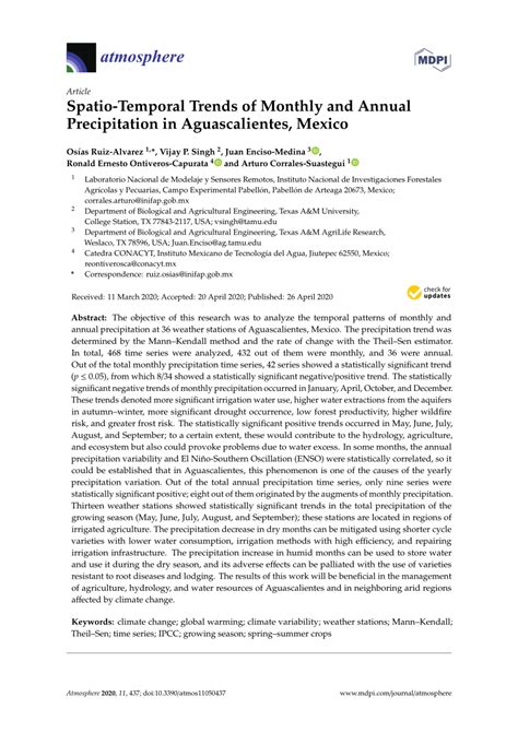 Pdf Spatio Temporal Trends Of Monthly And Annual Precipitation In Aguascalientes Mexico