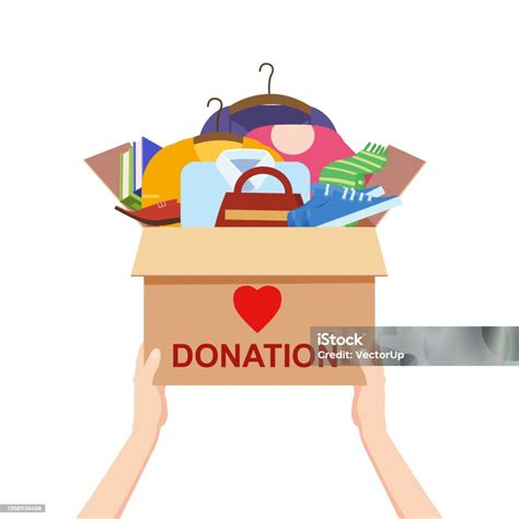 손은 옷 책 신발기부 상자를 들고 있다 난민 가난한 아이들을위한 도움 인식 및 자선 개념 벡터 일러스트 플랫 만화 스타일 자선기부에 대한 스톡 벡터 아트 및 기타 이미지