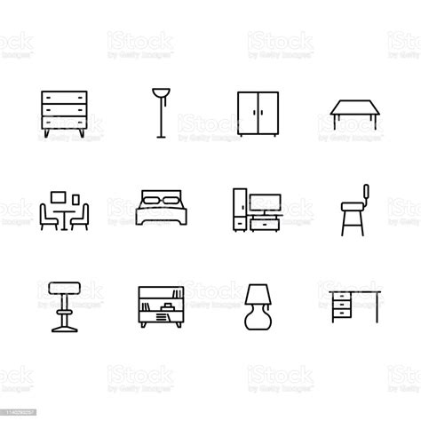 간단한 설정 기호 가구와 인테리어 룸 라인 아이콘입니다 이러한 아이콘 서랍 옷장 의 자 홈 오피스와 거실 램프 침대와 침실 디자인에 대 한 테이블을 포함 가구에 대한 스톡