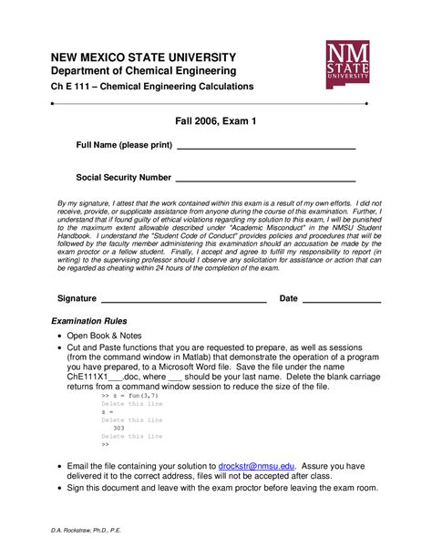 Exam 1 Questions Introduction Computer Calculations In Chemical Engineering Ch E 111 Docsity