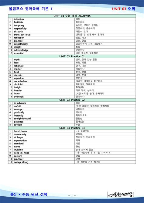 Pdf 올림포스 영어독해 기본 1 워크북과 변형문제 상권 Unit 01 09 The Answer