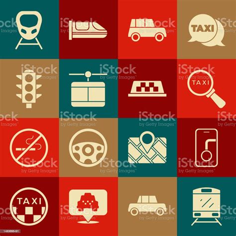 기차 도시지도 내비게이션 돋보기 및 택시 자동차 자동차 케이블 신호등 고속 열차 및 택시 지붕 아이콘을 설정합니다 벡터 속도에