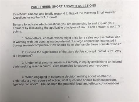 Solved Part Three Short Answer Questions Directions Choose