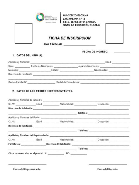 Ficha De Inscripción Escolar Inicial Pdf