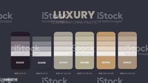 럭셔리 컬러 테마 컬렉션의 색상 팔레트 색상 영감 또는 코드 템플릿이 있는 색상 차트 Rgb의 색상 조합 세트입니다 색상 견본은 그래픽 디자인 아트 패션 또는 웹 디자인을
