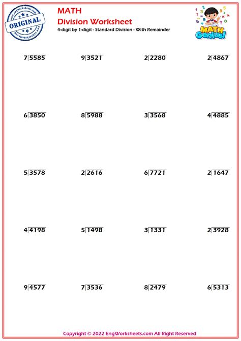 Standard Division With Remainder Worksheets And Exercise Engworksheets