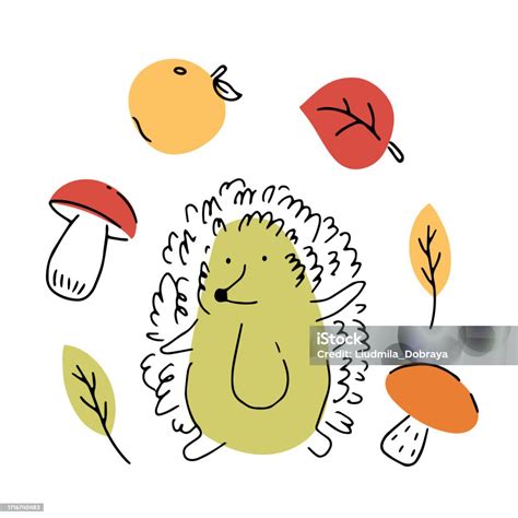 고슴도치 단풍 버섯 유기농 사과가 하얀 배경에 분리되어 있다 숲 동식물 손으로 그린 벡터 그림입니다 가을 시즌 상징 10월에 대한 스톡 벡터 아트 및 기타 이미지 Istock