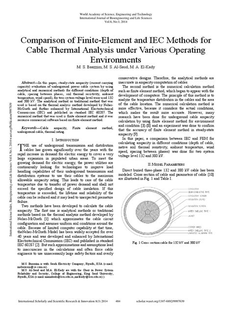 Comparison Of Finite Element And Iec Methods For Cable Thermal Analysis