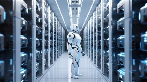 Robot Stands In Modern Server Room Humanoid Robot Uses Cloud Computing