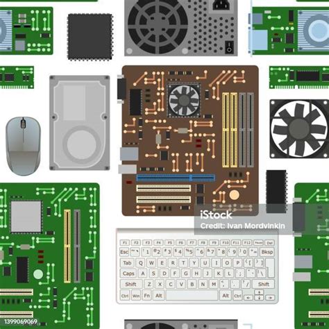 개인용 컴퓨터 예비 부품 원활한 패턴 보드 Ram 메모리 전원 공급 장치 하드 드라이브 Pc 또는 노트북 액세서리 키보드와 마우스 흰색에 고립되어 있습니다 마더보드 및