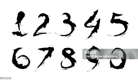 굵은 브러시로 그린 그런 지 번호 더러운 질감의 벡터 번호 그런지 스타일의 손으로 그린 숫자 획 벡터 텍스처 일본식 브러시로 그린 숫자 낙서 스타일의 숫자 세트 1에 대한
