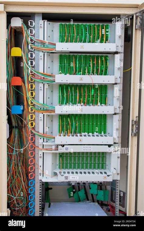 Landline Telephone Wires For Dsl In A Junction Fiber Network Telecommunication Street Box Stock