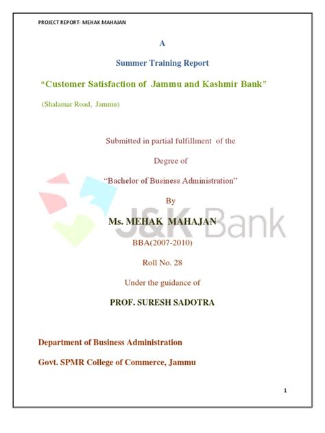 Mehak Mahajan Project Report On J And K Bank Word 2007 Pdf Customer Satisfaction