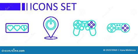 Set Line Game Controller Or Joystick Power Button And Life Bar Icon Vector Stock Illustration