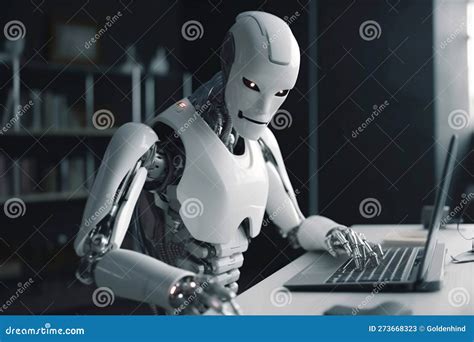 Humanoid Robot Programming On A Laptop Artificial Intelligence Replaces Human Employees Concept