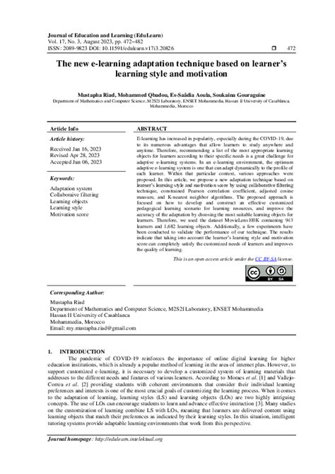 Pdf The New E Learning Adaptation Technique Based On Learners Learning Style And Motivation