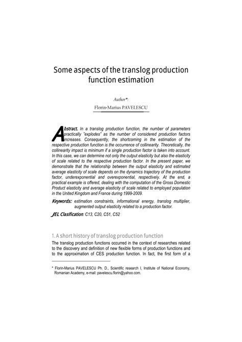 Pdf Some Aspects Of The Translog Production Function Estimation
