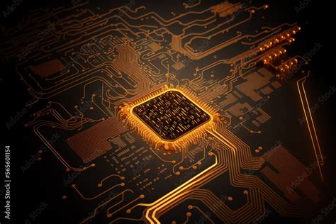 Electronic Circuit Board Close Up Glowing Microchip In Macro Futuristic Circuit Concept