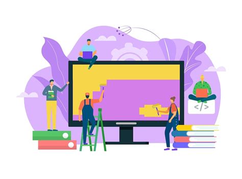 premium vector development computer application tiny character male female teamwork develop