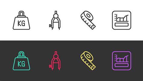 라인 가중치 드로잉 나침반 측정 테이프 및 그래프 일정 차트 흑백다이어그램을 설정합니다 벡터 거리가 먼에 대한 스톡 벡터 아트 및 기타 이미지 Istock