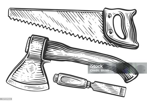 목공 및 목공 목재 작업 도구 세트입니다 쇠톱 도끼 나무 절단기 스케치 벡터 그림 Diy에 대한 스톡 벡터 아트 및 기타 이미지 Diy 개선 건설 산업 Istock