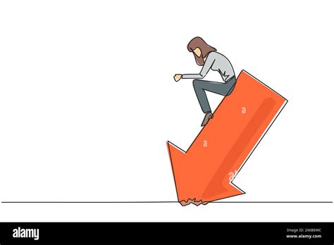 Single Continuous Line Drawing Sluggish Businesswoman Sits Downcast On A Swooping Arrow Stuck In