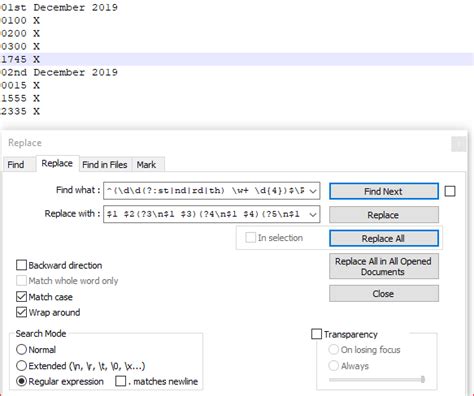 string notepad regex to put date from file at start of each line