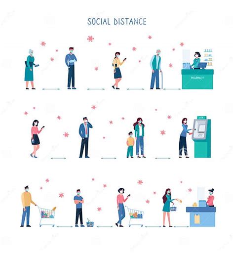 Människor Håller Avstånd När De Står På Samma Linje Vid Apoteket För