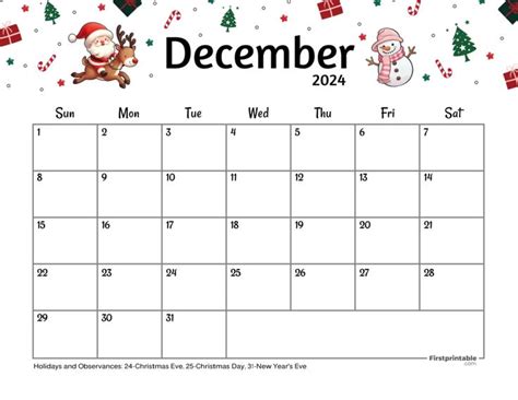 December Calendar With Santa Claus And Snowman