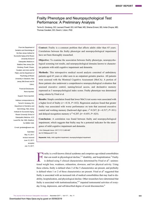Pdf Frailty Phenotype And Neuropsychological Test Performance A Preliminary Analysis