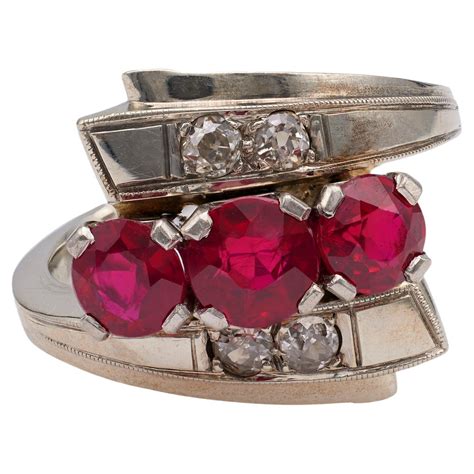 Late Art Deco Synthetic Ruby And Diamond 14 Karat White Gold Bypass