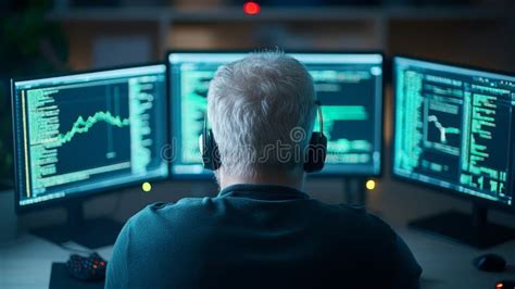 Stock Trader Analyzing Data On Multiple Monitors Stock Illustration