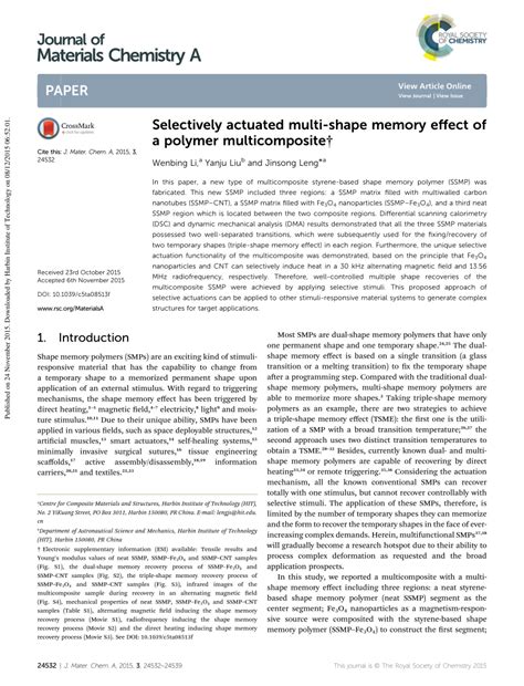 Pdf Selectively Actuated Multi Shape Memory Effect Of A Polymer
