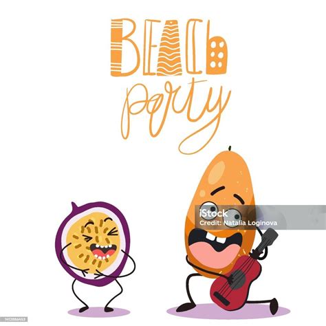 귀여운 캐릭터 재미있는 과일 코코넛 및 악기와 열정 과일의 벡터 일러스트레이션 아이들을위한 티셔츠 디자인 여름 시간 여름 분위기 벡터 일러스트 레이 션 여름 분위기 0명에