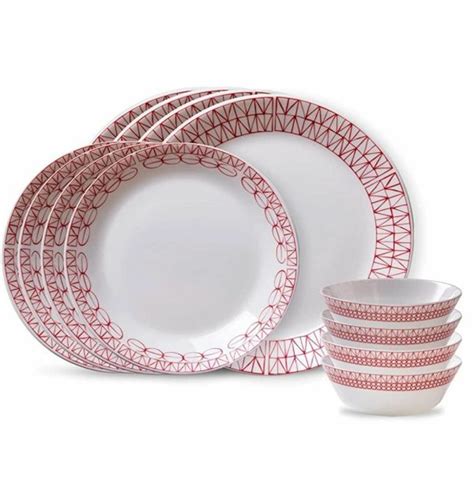 Corelle Everyday Expressions 12피스 식기 세트 4인용 내구성 및 친환경 높은 테두리 유리 접시 그릇 전자레인지 식기세척기 사용 가능 그래픽