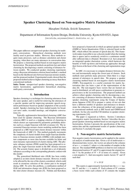 Pdf Speaker Clustering Based On Non Negative Matrix Factorization