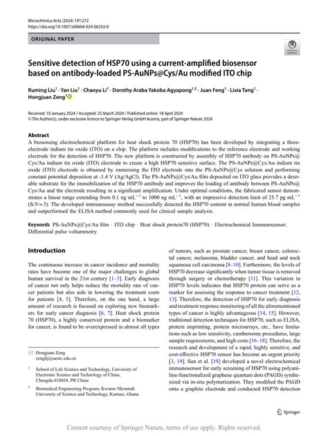 Sensitive Detection Of Hsp70 Using A Current Amplified Biosensor Based