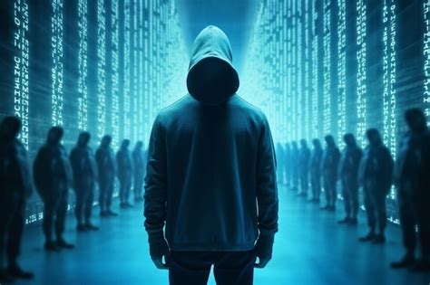 premium ai image hooded hacker with binary code on a dark blue background