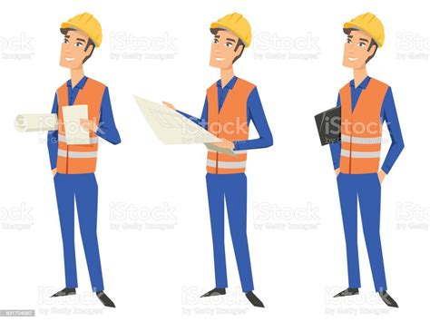 Set Of Three Full Length Characters And Looking At Blueprint Holding