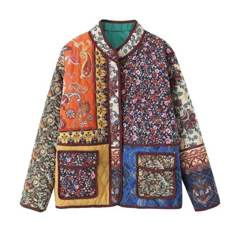 Women Retro Cotton Jacket 2024 Autumn Winter Contrast Color Printed