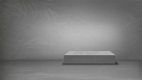 회색 벽에 연단과 야자수 잎이있는 빈 스튜디오 룸 바닥의 배경 회색 시멘트 질감 금이 간 질감의 회색 콘크리트 표면의 벡터 3d 배경 로프트 디자인배너 콘크리트에 대한 스톡
