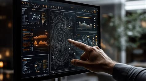 Hand Interacting With Advanced Data Analysis Dashboard On Computer Screen Displaying Graphs And